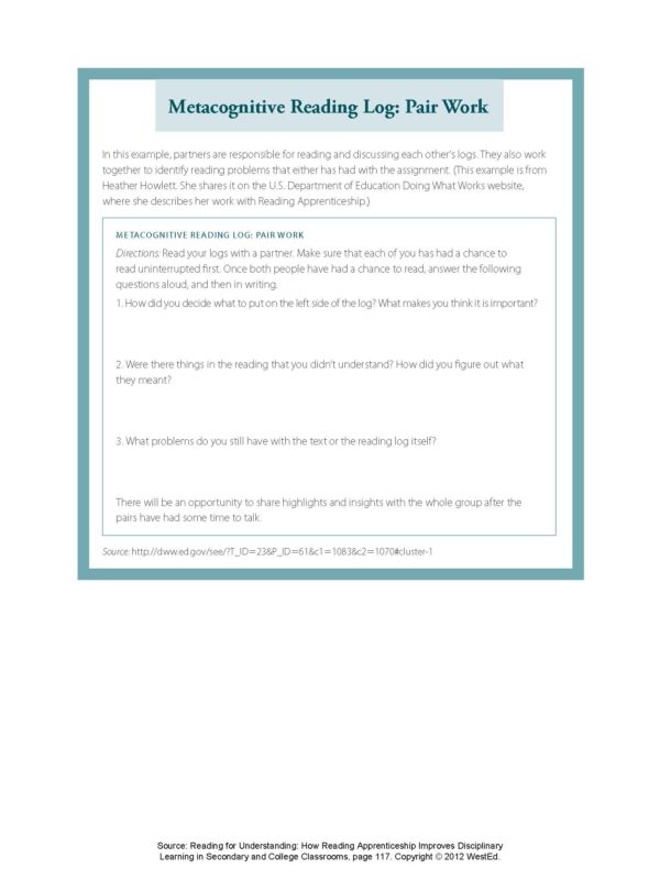 Metacognitive Reading Log: Pair Work – Reading Apprenticeship