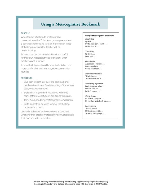 Metacognitive Bookmark – Reading Apprenticeship