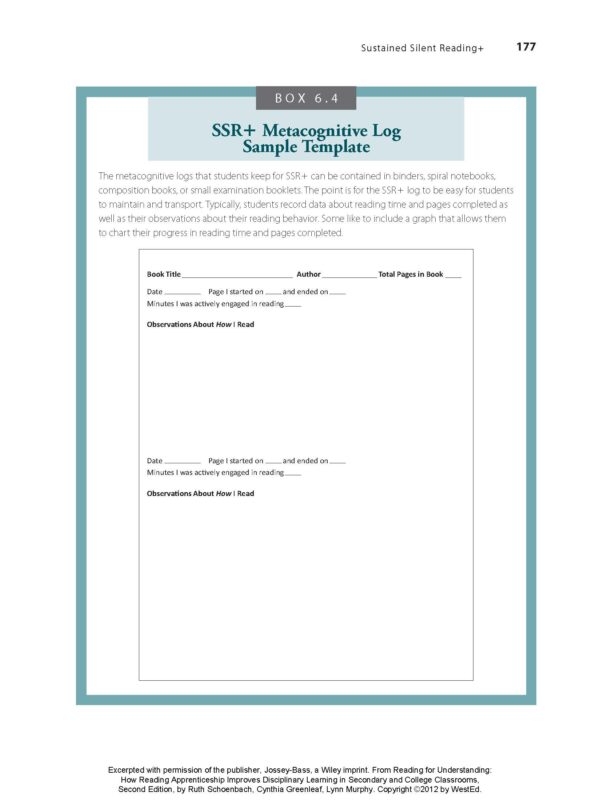 SSR+ Metacognitive Log Template – Reading Apprenticeship