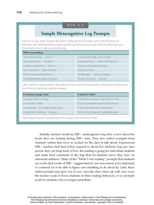 Sample Metacognitive Log Prompts – Reading Apprenticeship